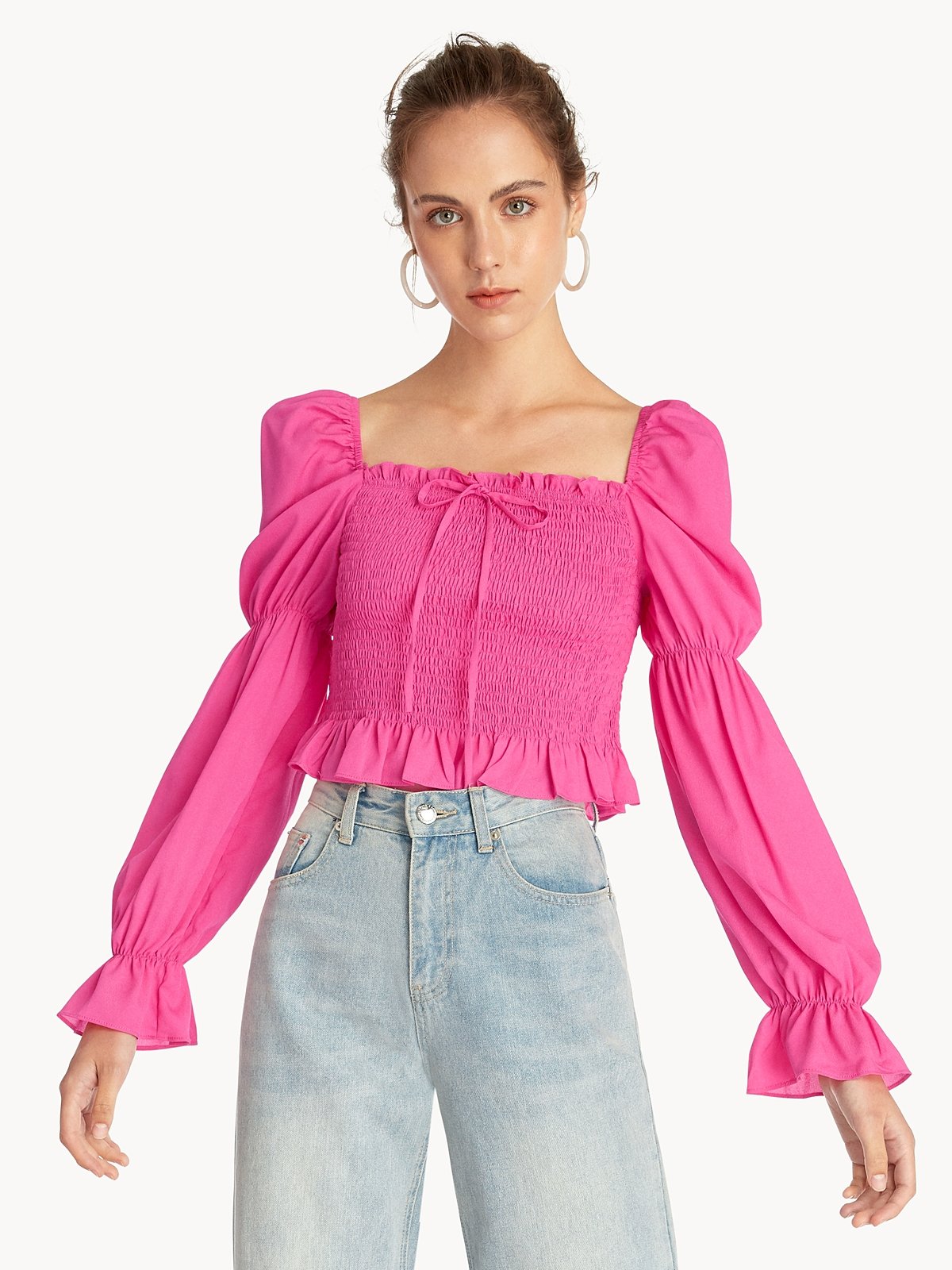 Puffed Sleeves Ruffle Top Pink Pomelo Fashion