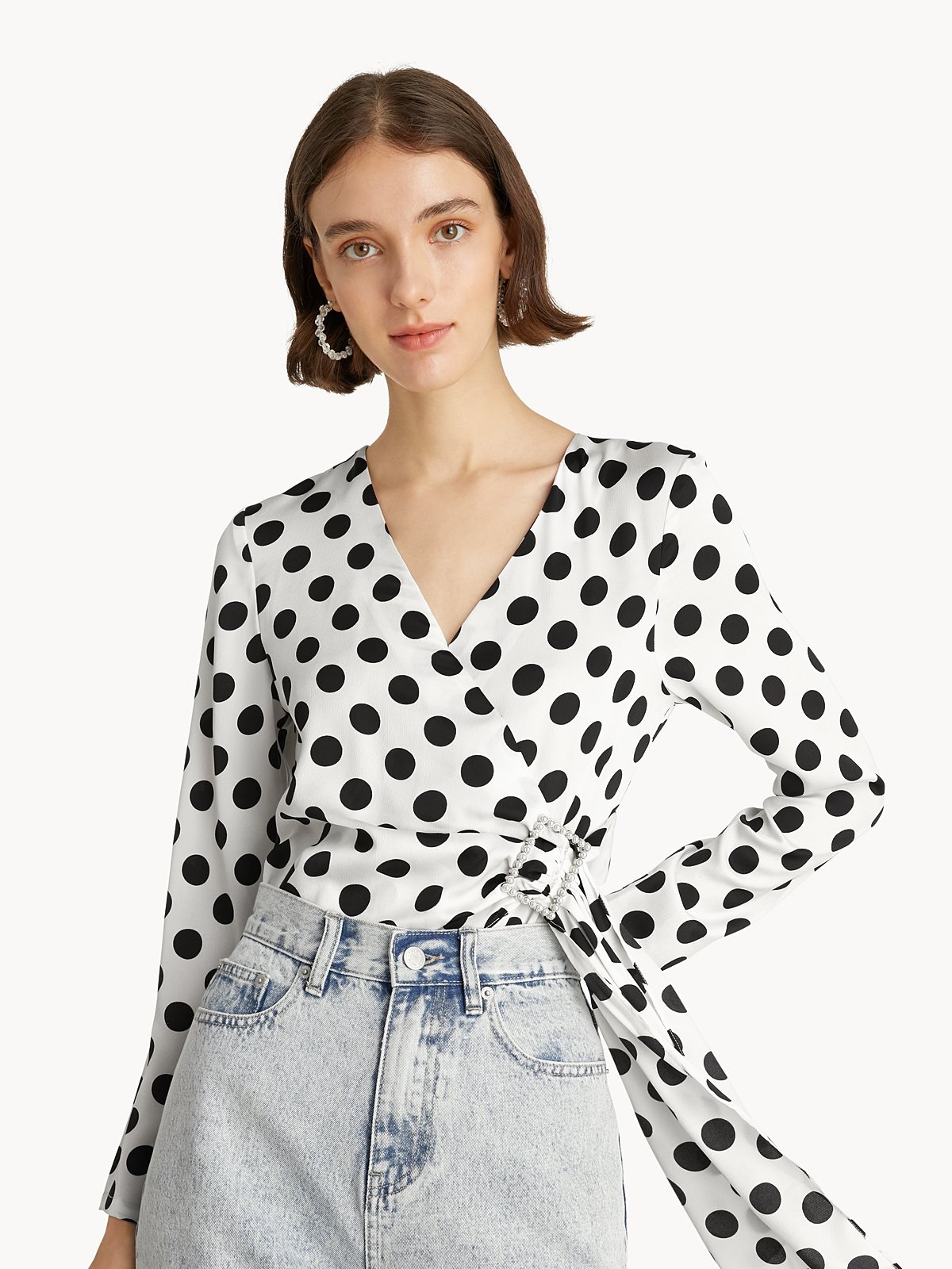 Polka Dot Surplice Bodysuit White Pomelo Fashion