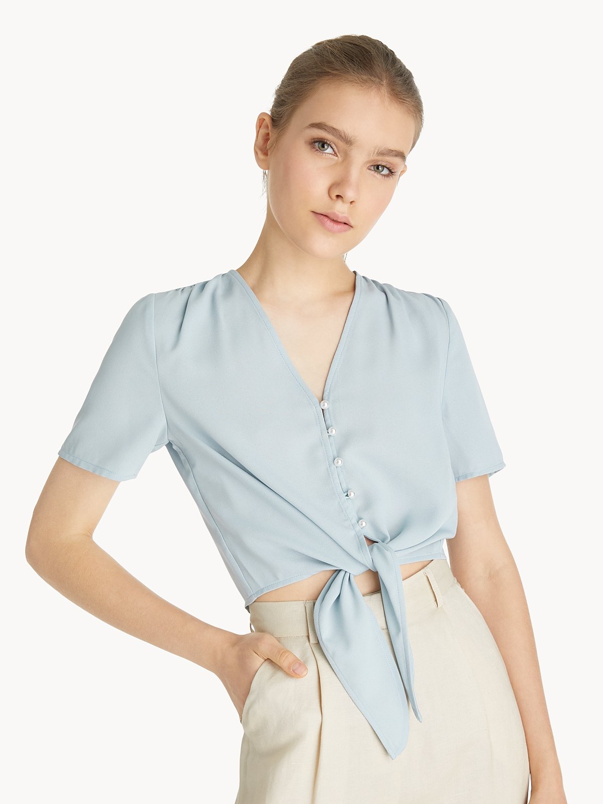Pearl Button Up Tie Front Top Blue Pomelo Fashion