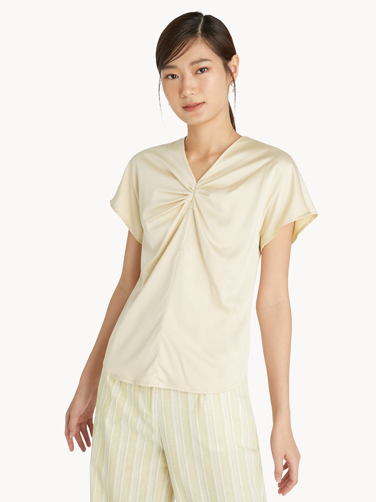 Satin Center Ruched Blouse Cream Pomelo Fashion