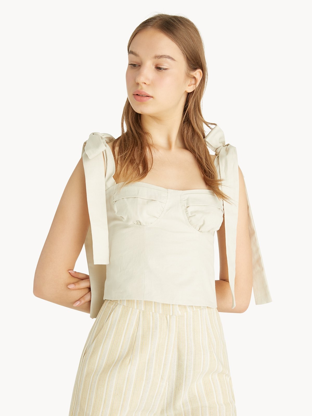 Tied Sleeves Bustier Top Cream Pomelo Fashion