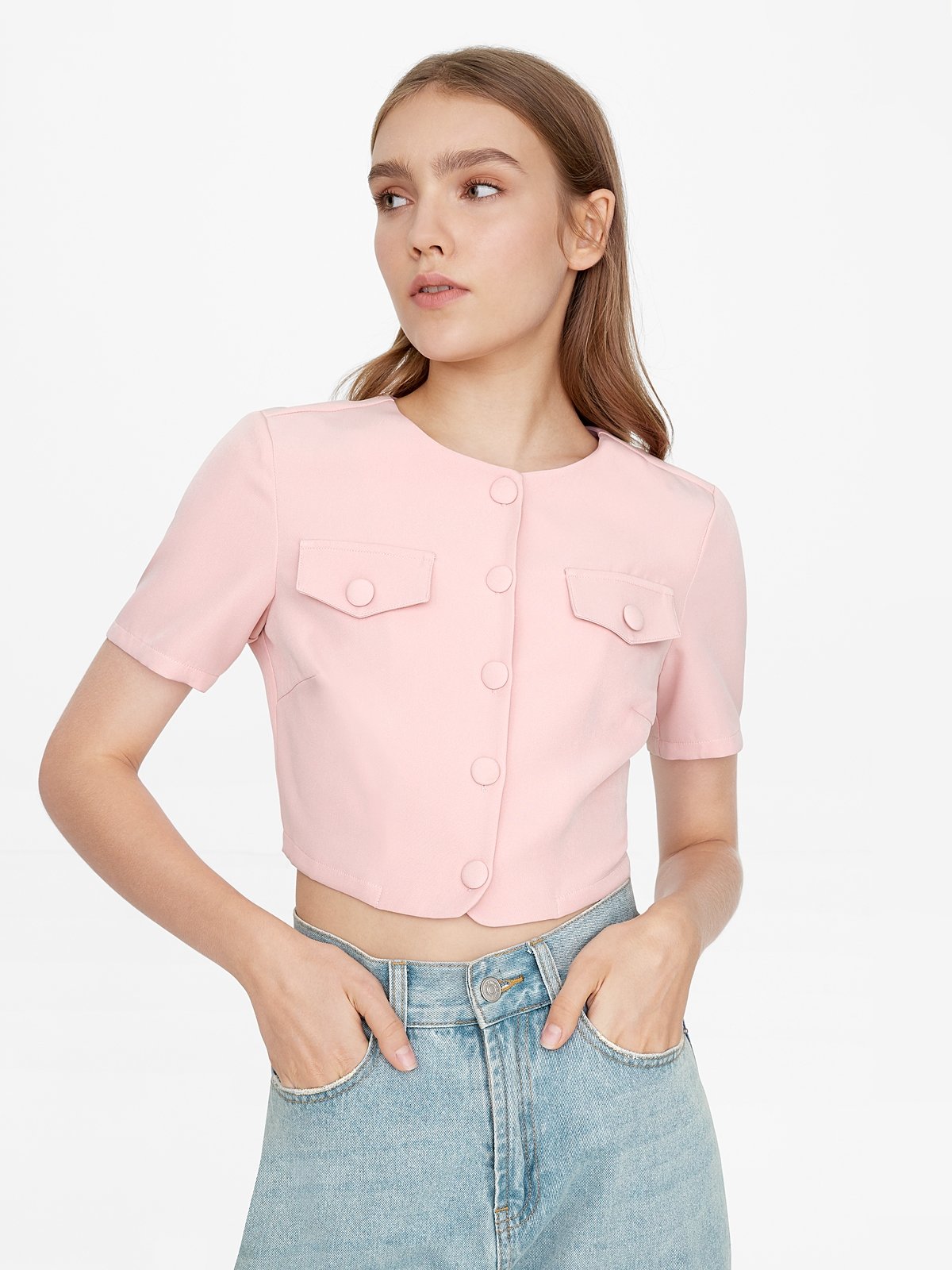 Retro Button Up Crop Blouse Pink Pomelo Fashion