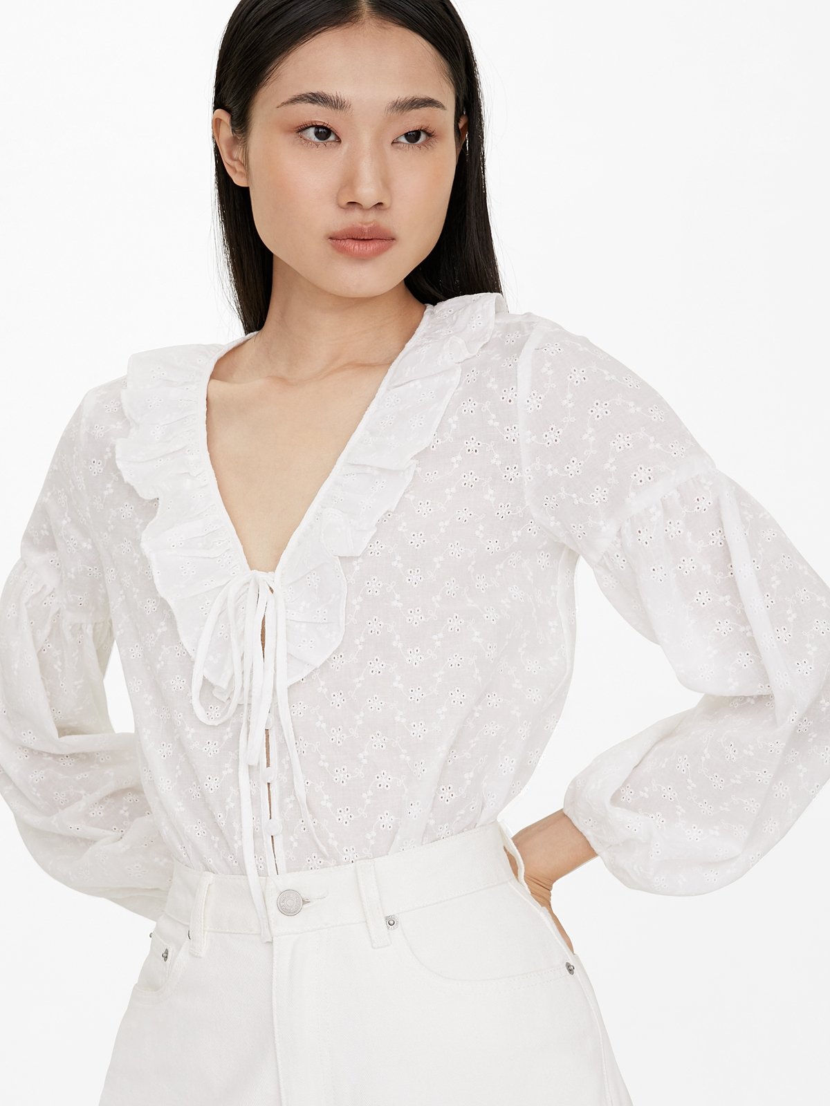 Puffed Sleeve Eyelet Bodysuit White Pomelo Fashion