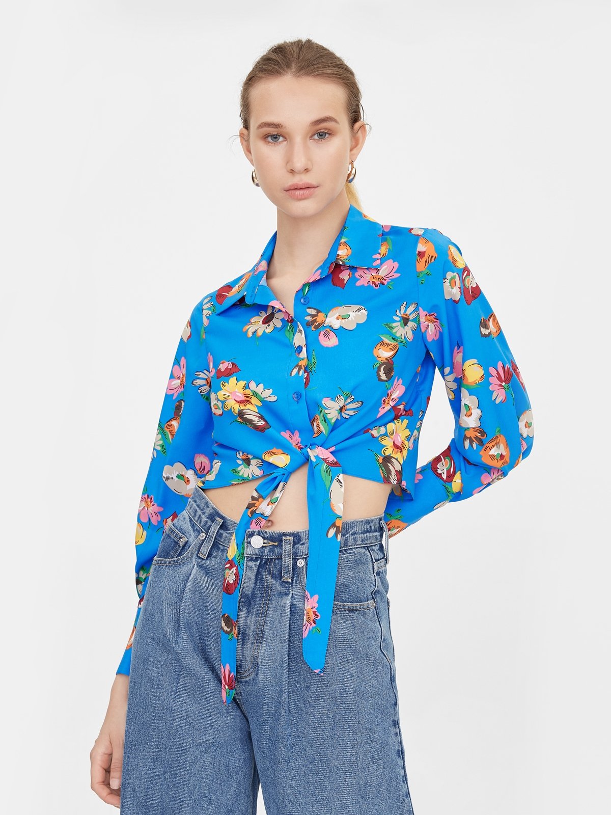 Floral Print Tie Front Crop Top Blue Pomelo Fashion