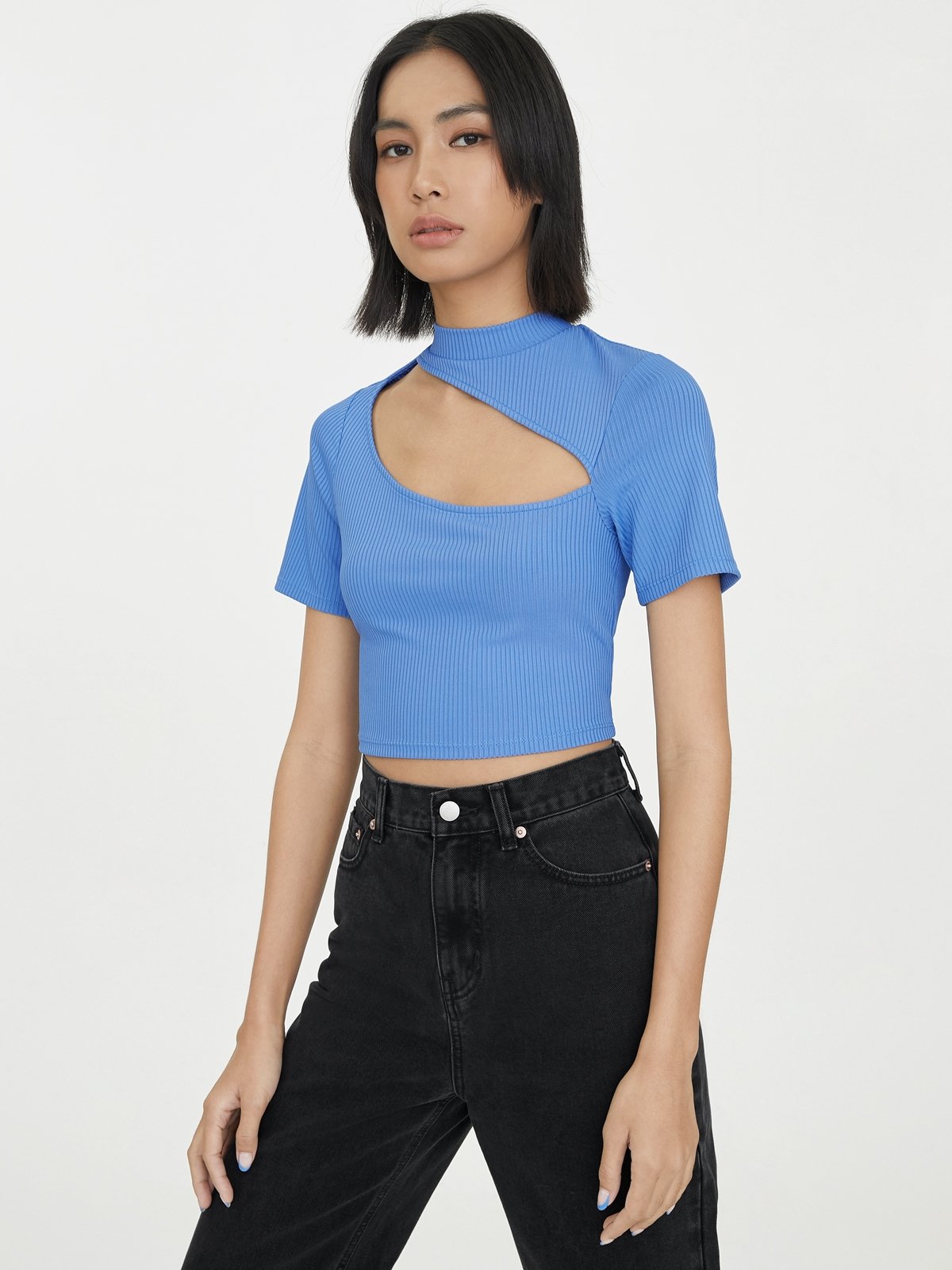 Ribbed Cut Out Mock Neck Tee Blue Pomelo Fashion
