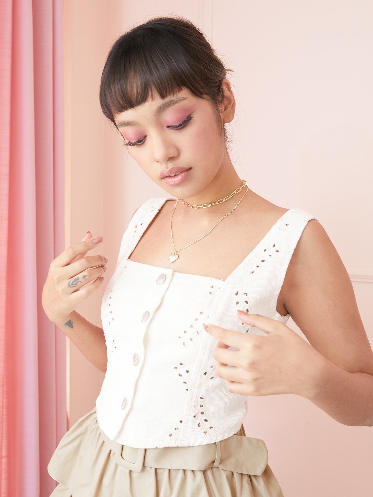 Eyelet Corset Button Up Top White Pomelo Fashion