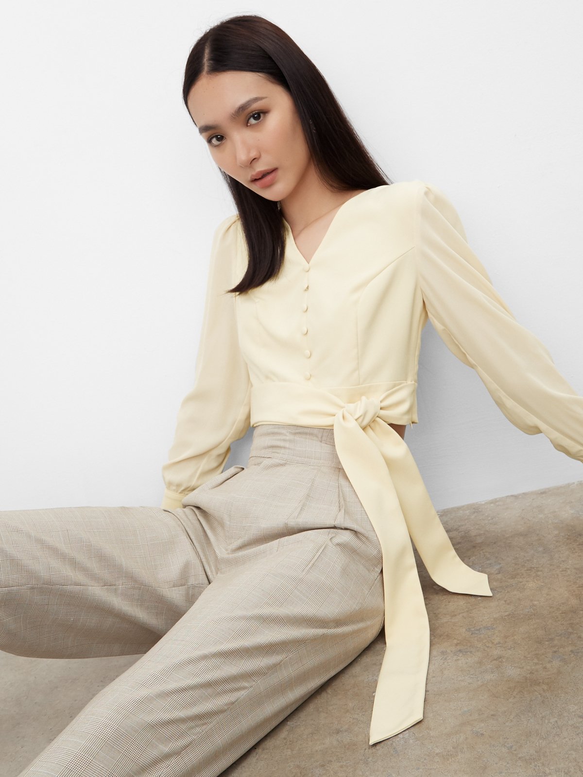 Tie Waist Buttoned Crop Blouse Cream Pomelo Fashion