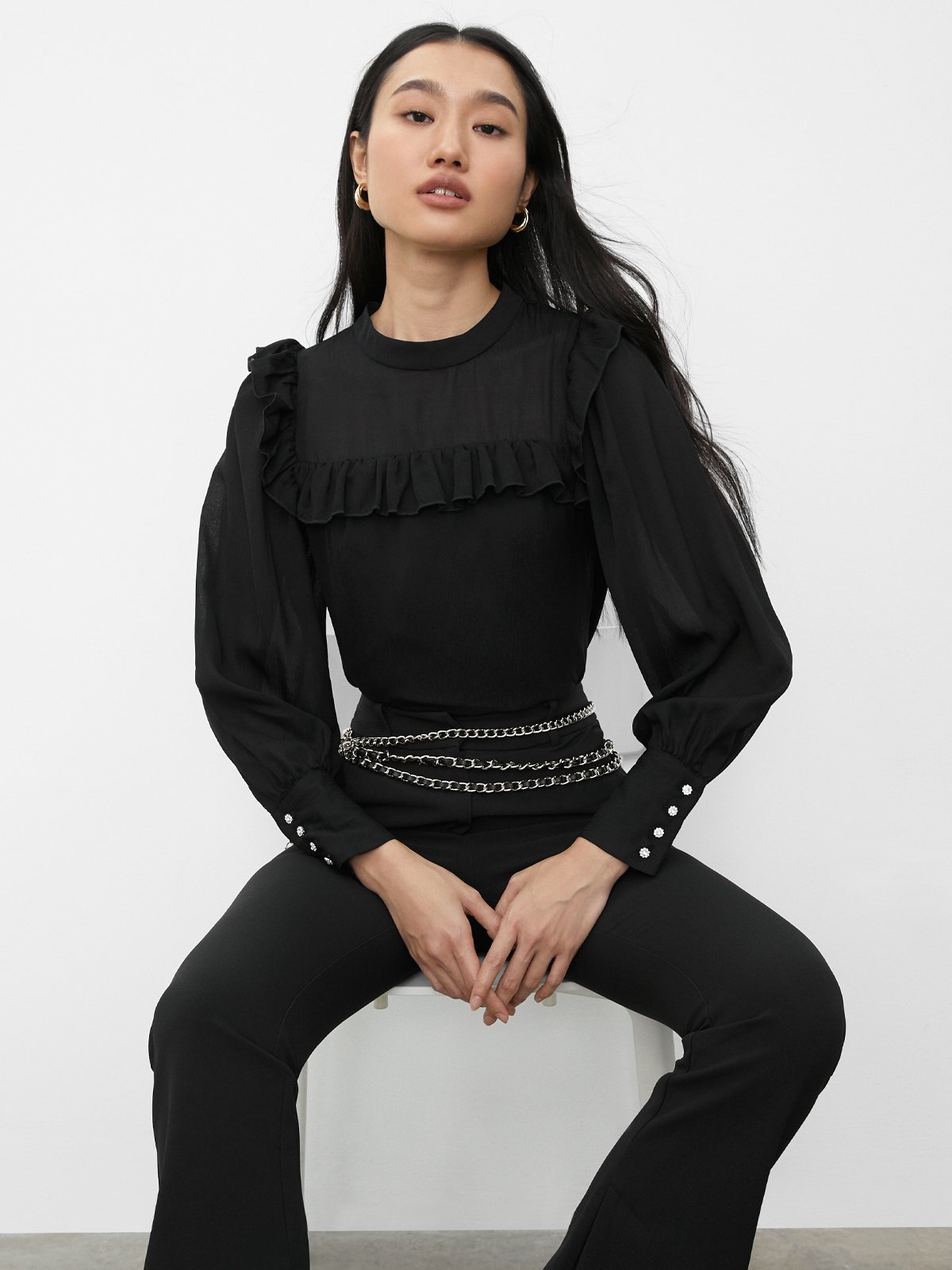 Puffed Sleeve High Neck Blouse Black Pomelo Fashion