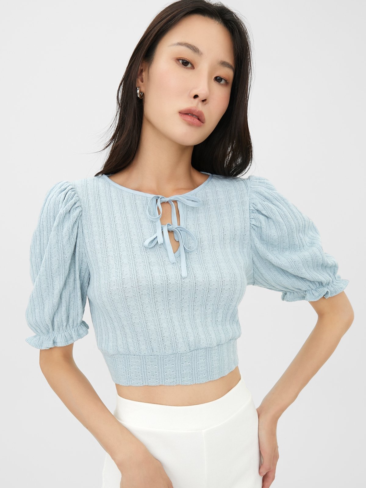 Tie Front Puffed Sleeve Crop Top Blue Pomelo Fashion