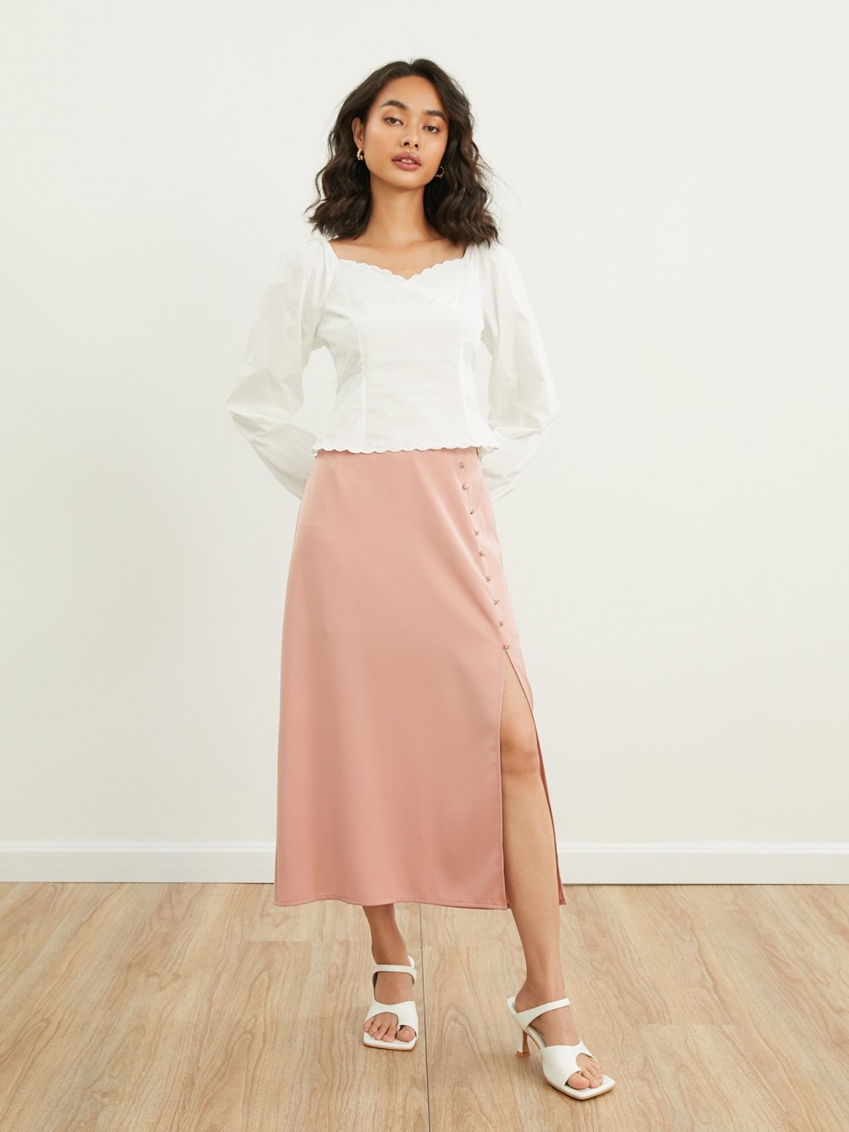 Heart Neckline Puffed Sleeve Blouse White Pomelo Fashion