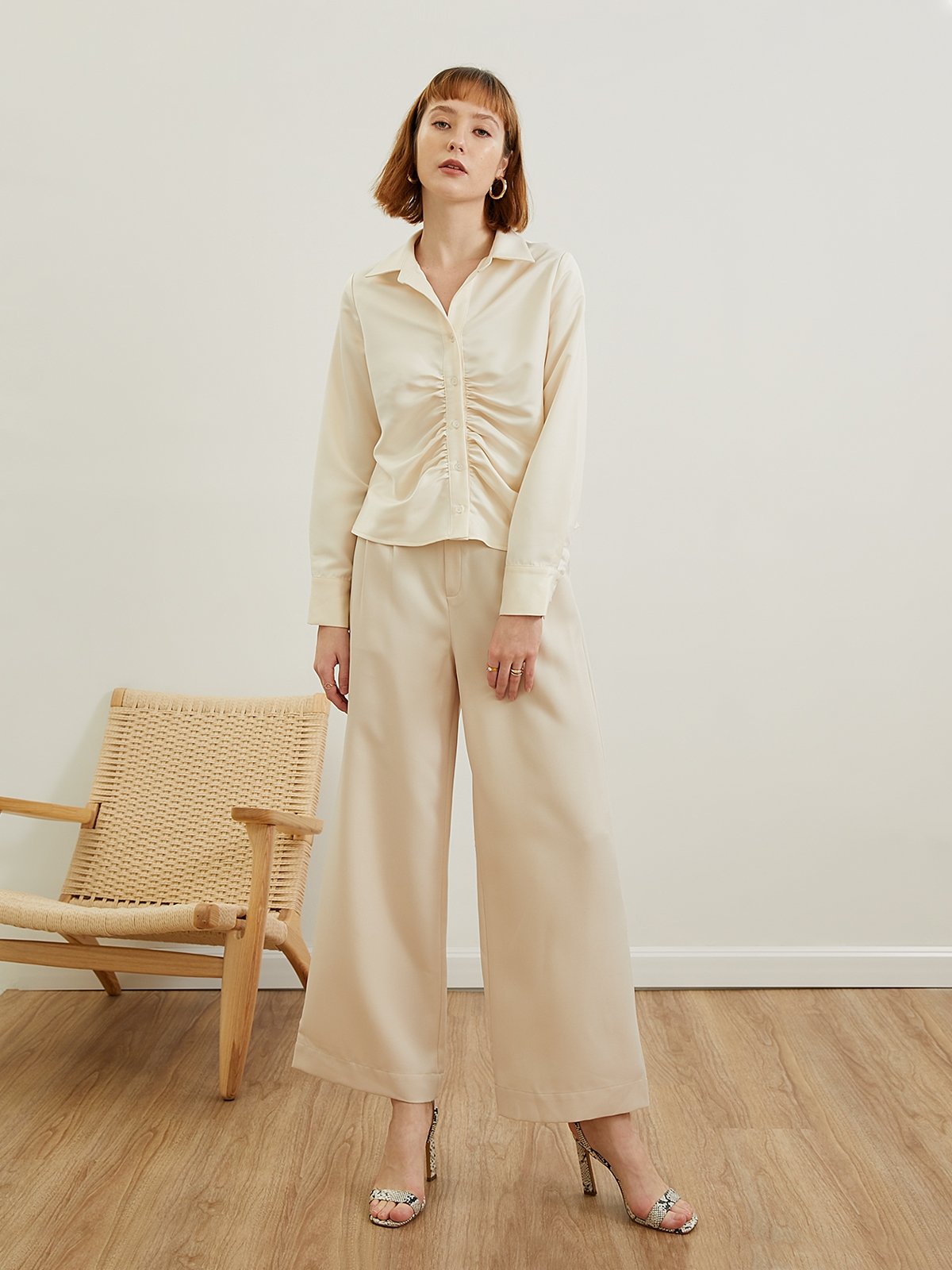 Front Ruched Long Sleeve Shirt Cream Pomelo Fashion