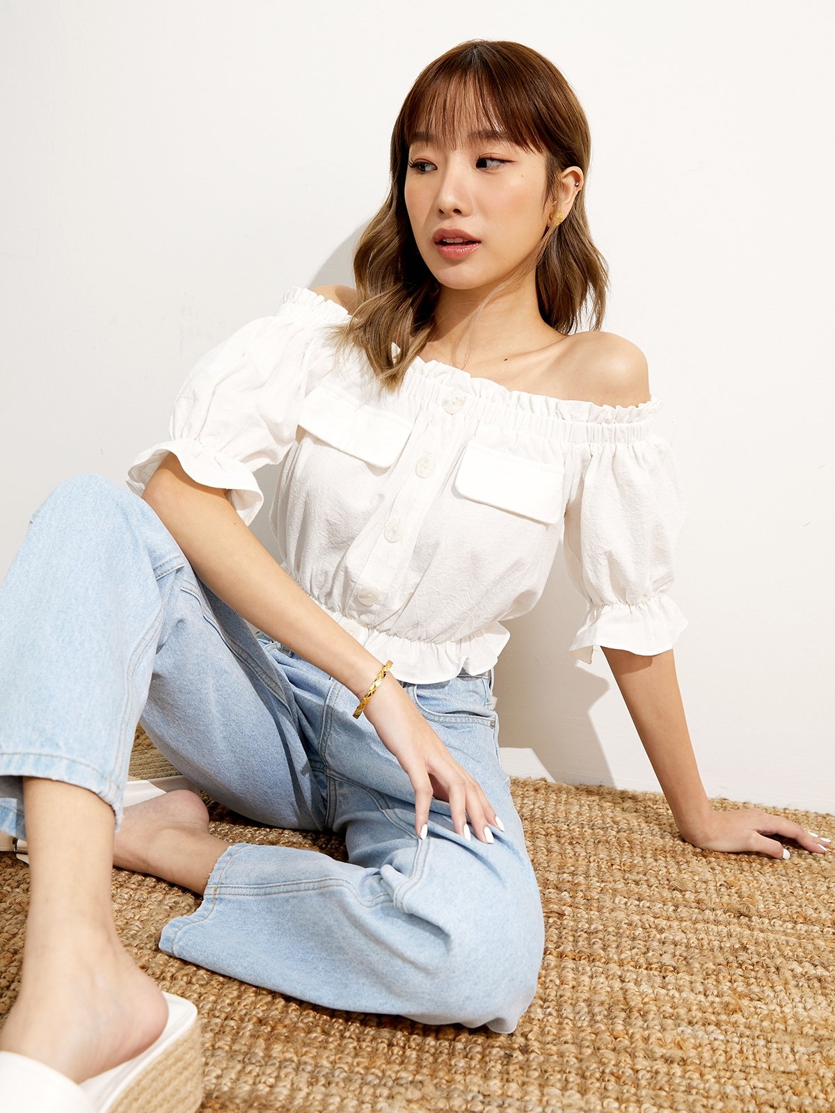 Off Shoulder Puffed Sleeve Top White Pomelo Fashion