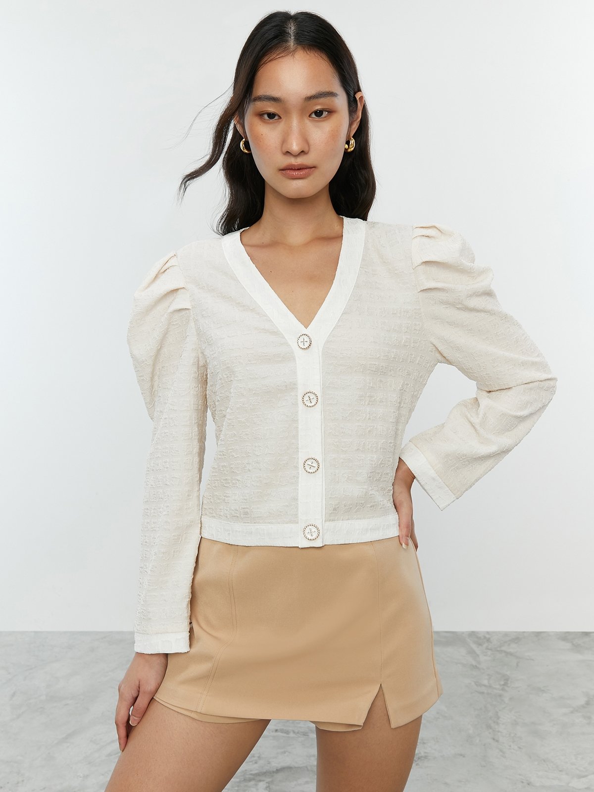 Button Down V Neck Puffed Shoulder Top Cream Pomelo Fashion