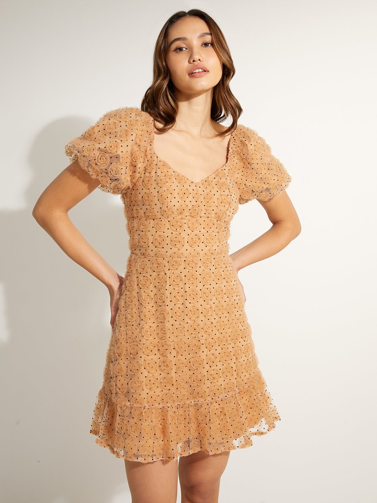 V Neck Puffed Sleeve Mini Dress Beige Pomelo Fashion