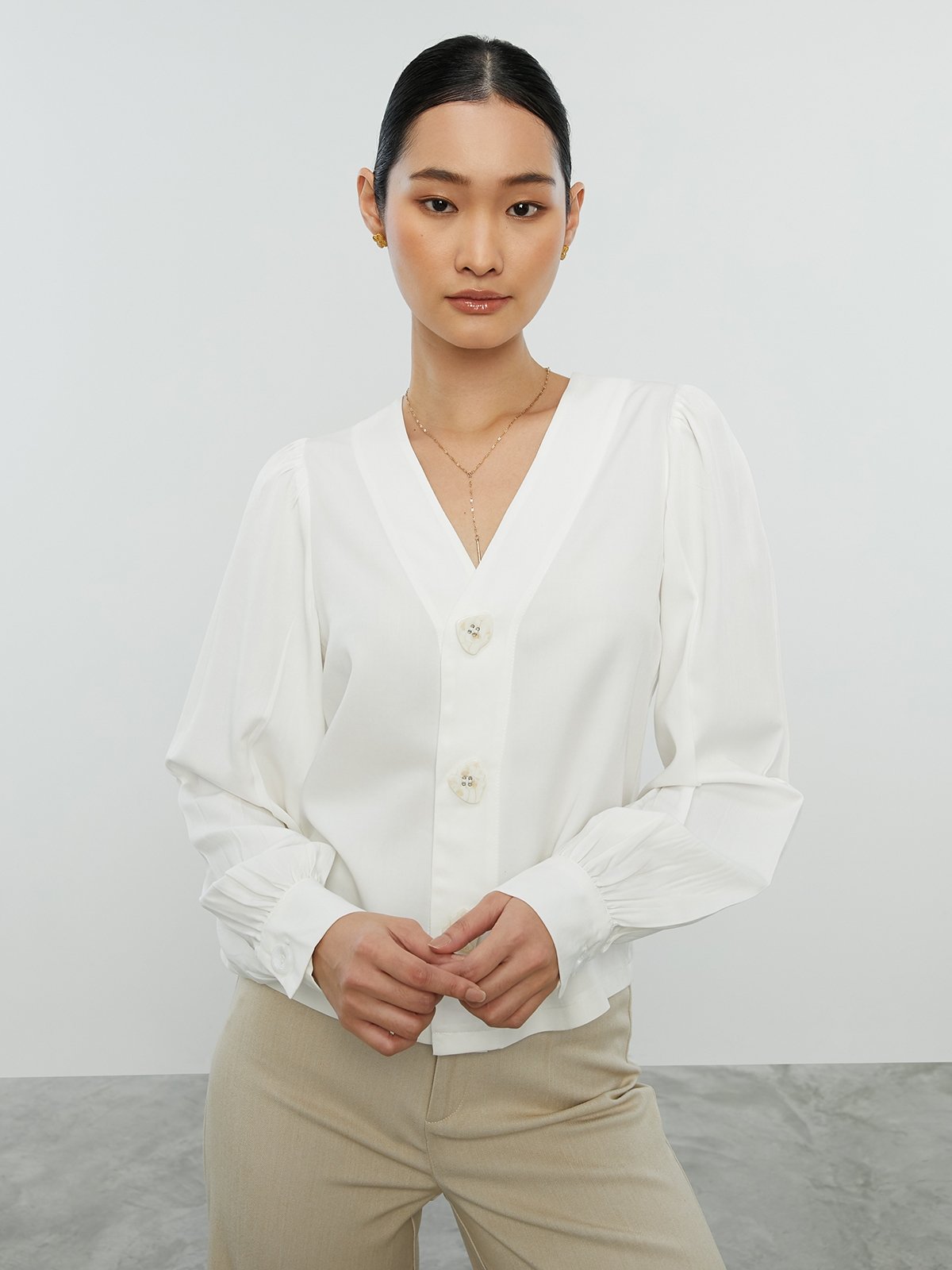 V Neck Long Sleeve Blouse Cream Pomelo Fashion