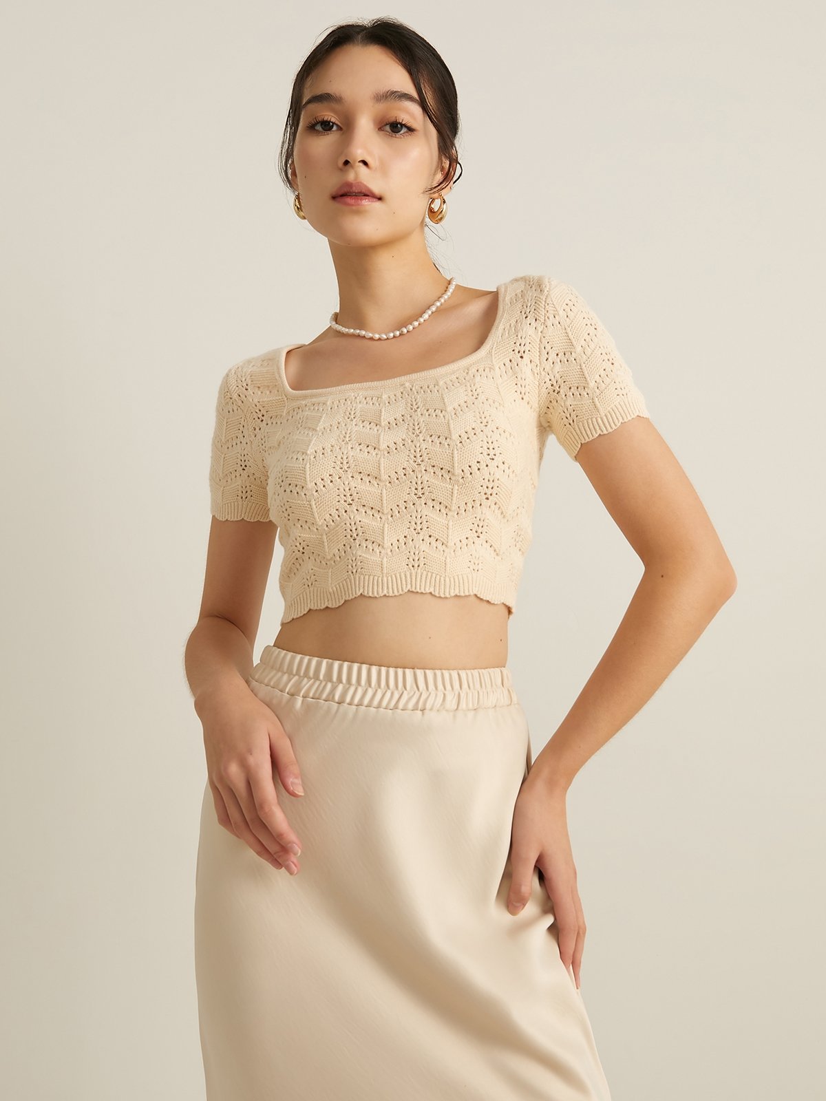 Chevron Knit Crop Top Cream Pomelo Fashion