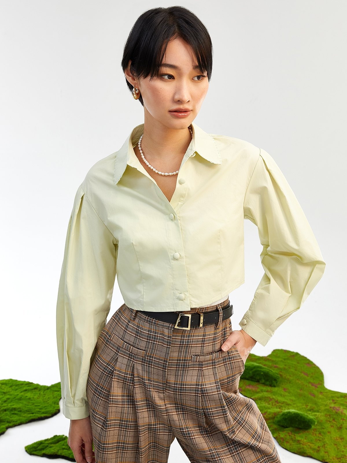 Long Sleeve Crop Shirt Green Pomelo Fashion