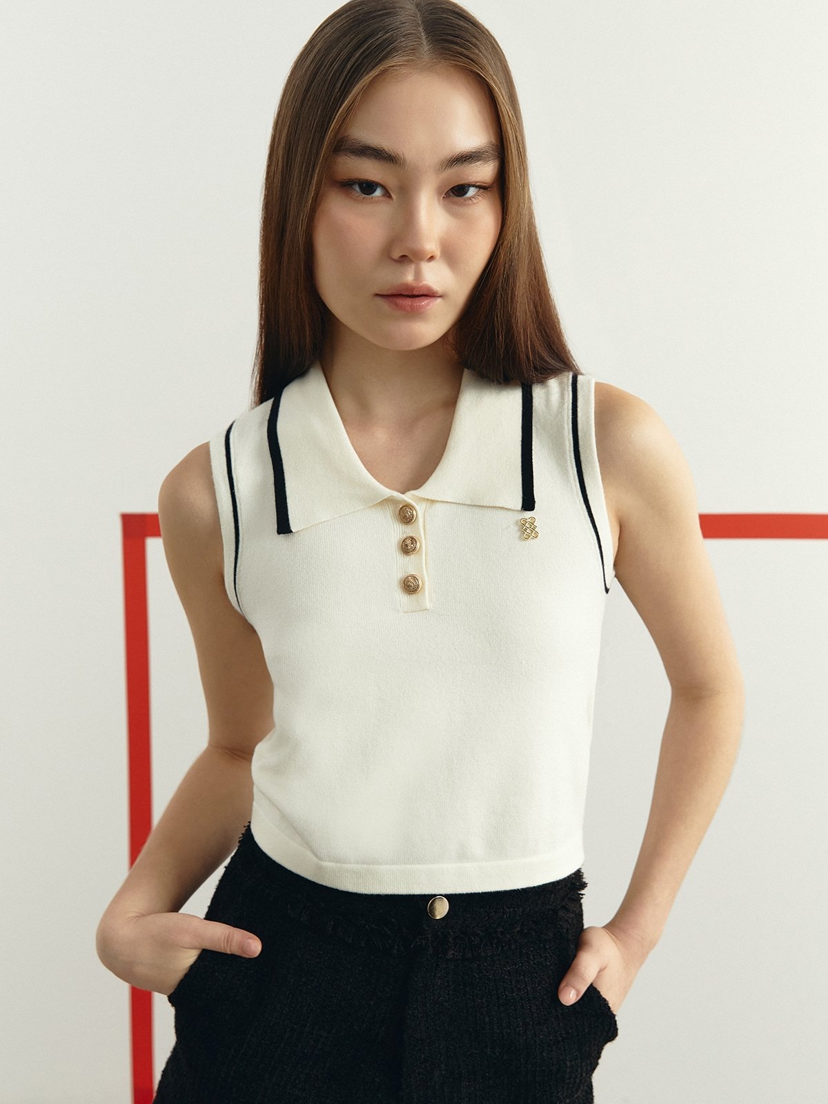 Contrast Trim Knitted Top Cream Pomelo Fashion