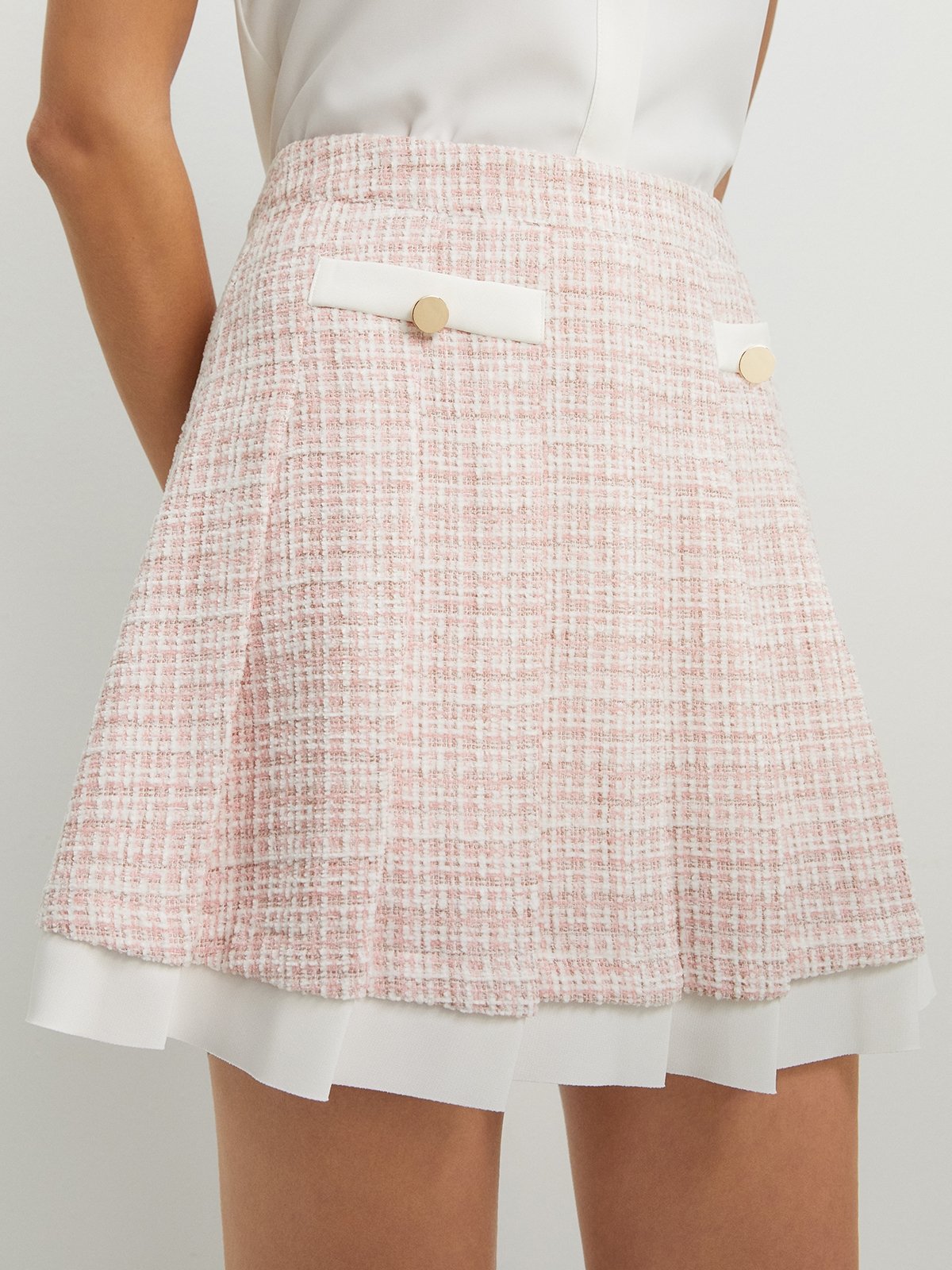 Tweed Pleated Skirt - Light Pink - Pomelo Fashion
