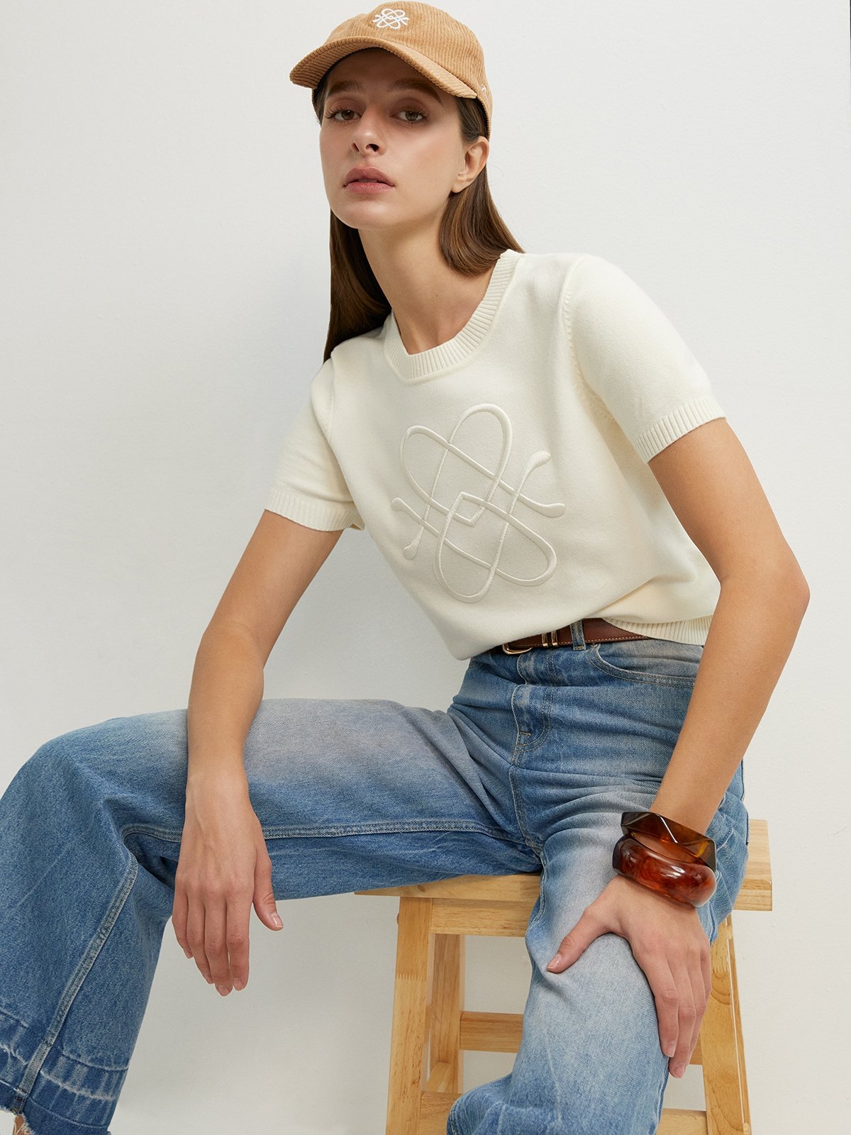Embroidered Knit Top - Cream - Pomelo Fashion