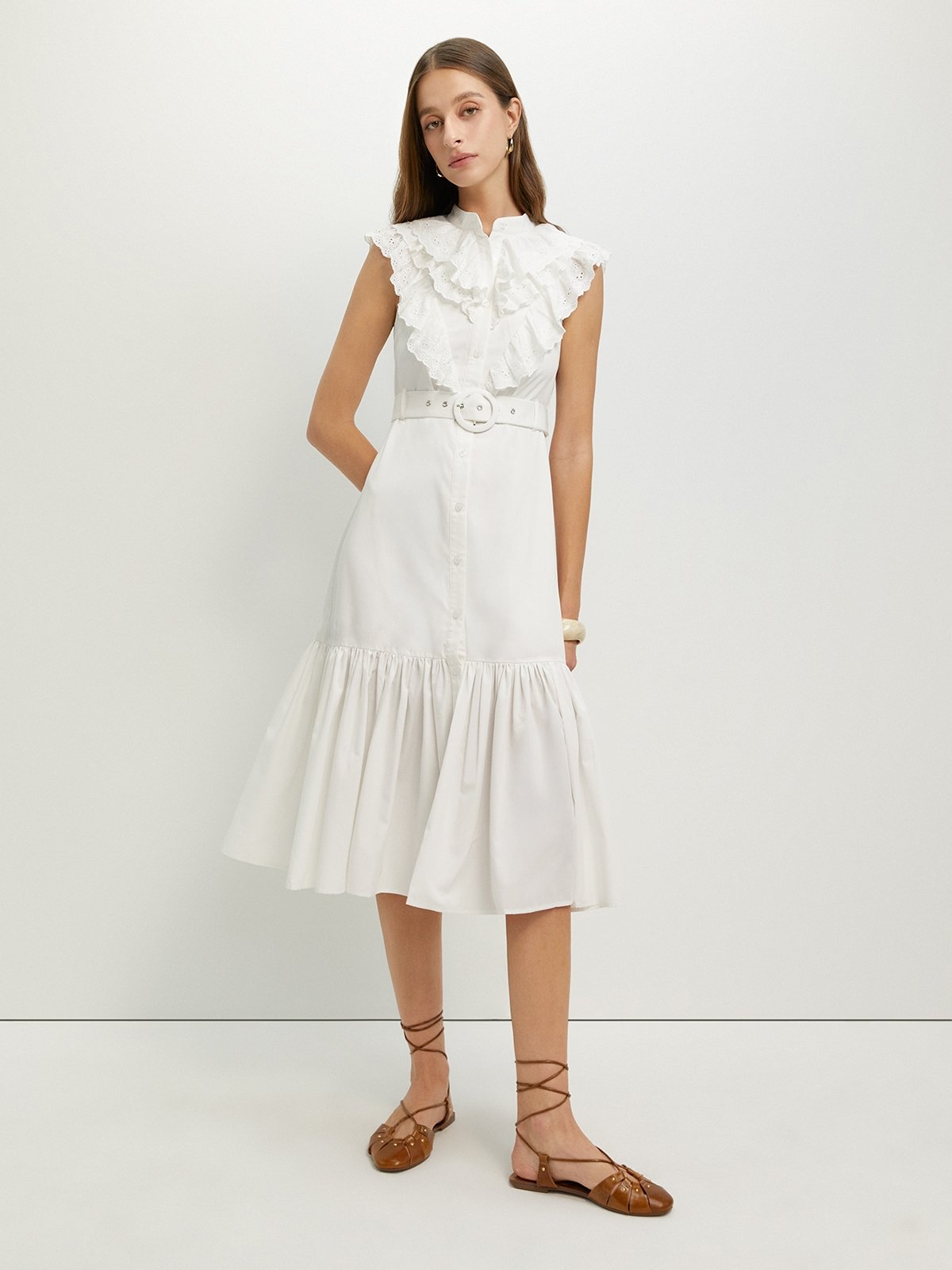 Ruffled Flare Dress - White - Pomelo Fashion