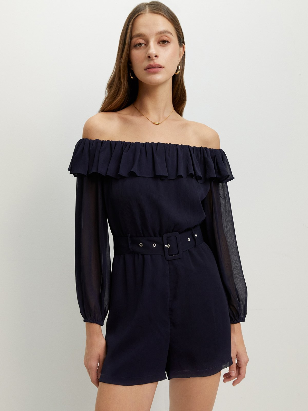 Off-Shoulder Ruffled Romper - Navy - Pomelo Fashion