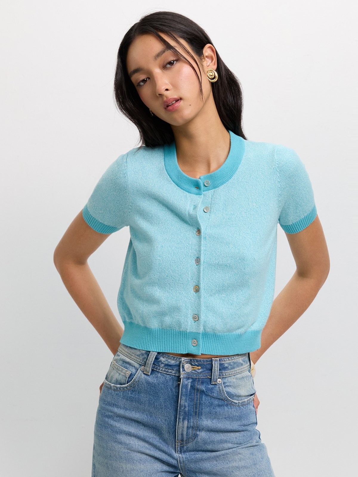Cropped Knit Cardigan - Light Blue - Pomelo Fashion