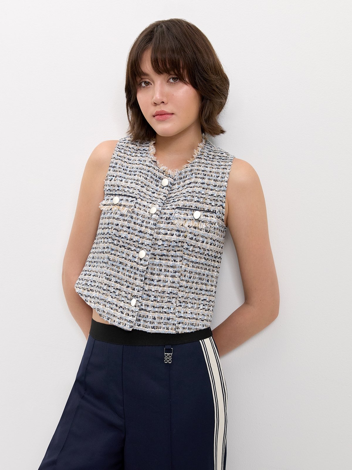 Fringe Tweed Top - Navy - Pomelo Fashion