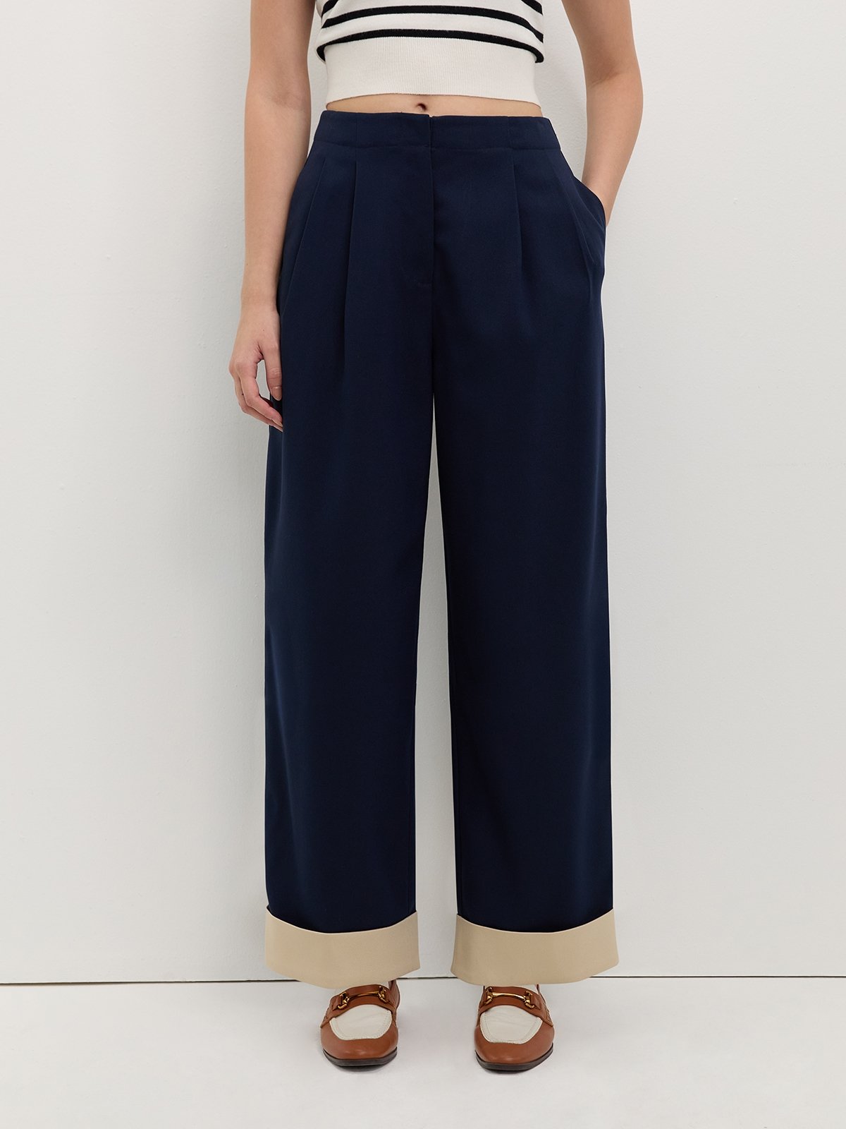 Folded Hem Pants - Navy - Pomelo Fashion