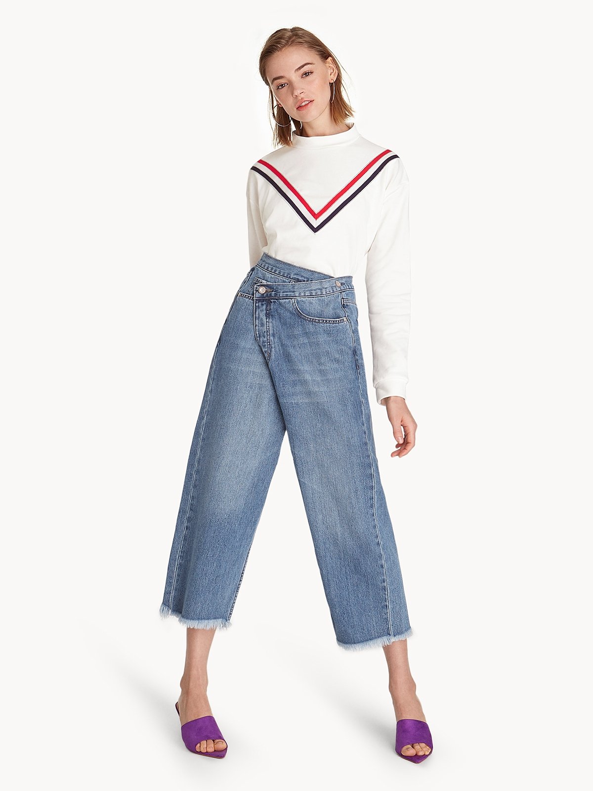 Side Buttoned Wrap Denim Culottes - Pomelo Fashion