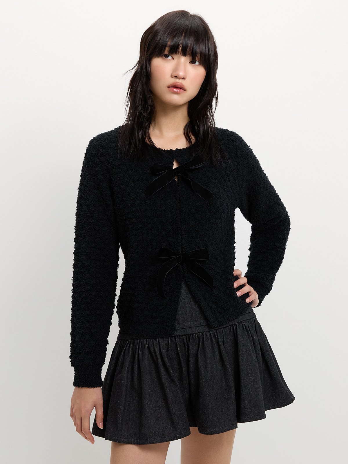 Ribbon Cardigan - Black - Pomelo Fashion
