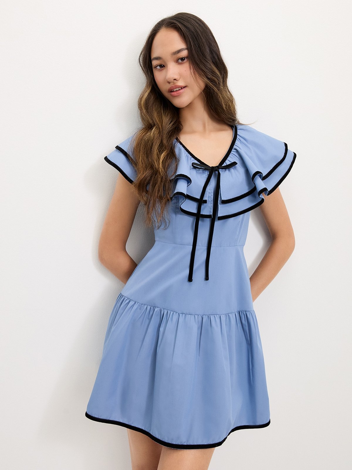 Ruffled Bow Tie Dress - Blue - Pomelo Fashion