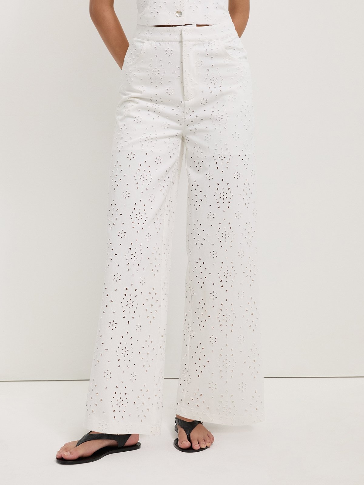 Eyelet Wide Leg Pants - Ivory - Pomelo Fashion