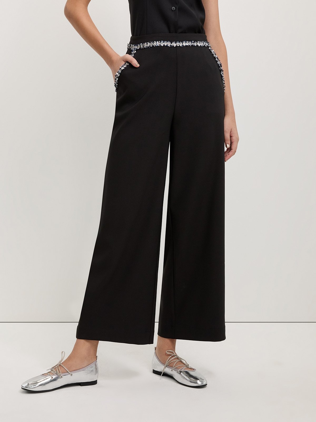 Tweed Trim Pants - Black - Pomelo Fashion