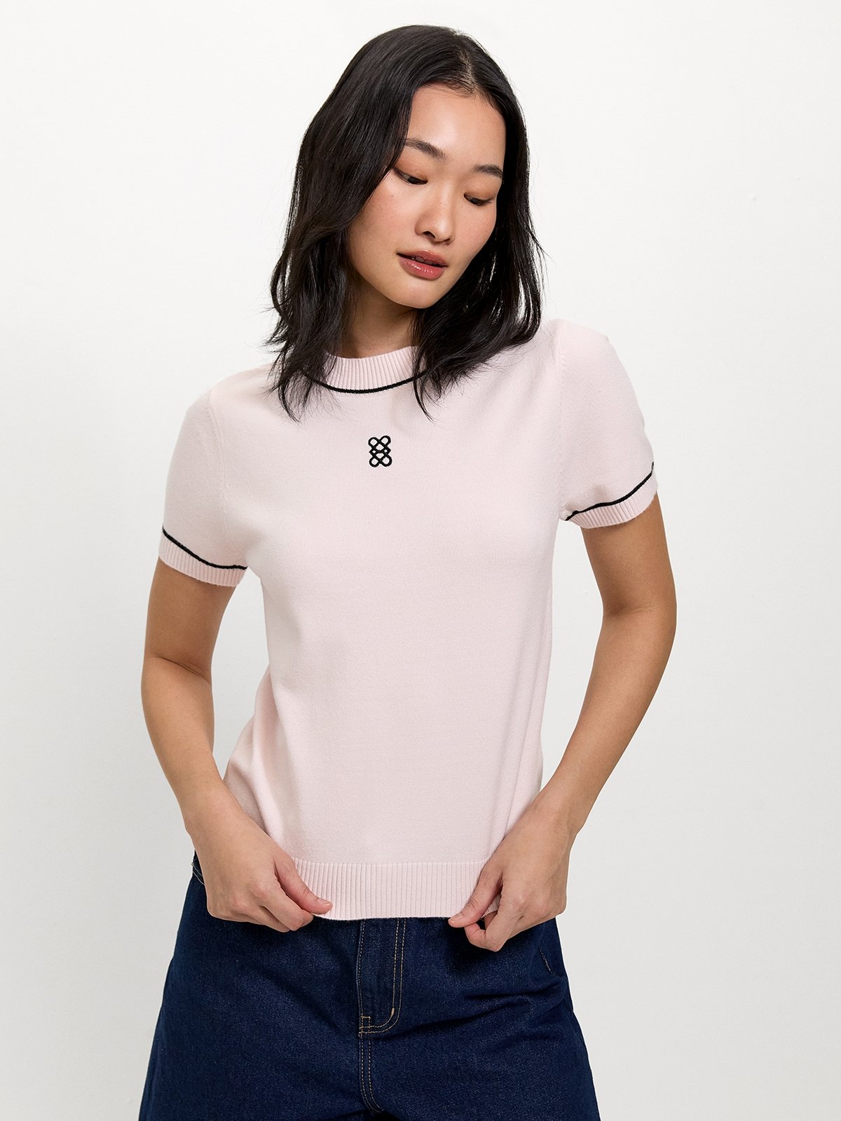 Embroidered Knit Top - Light Pink - Pomelo Fashion