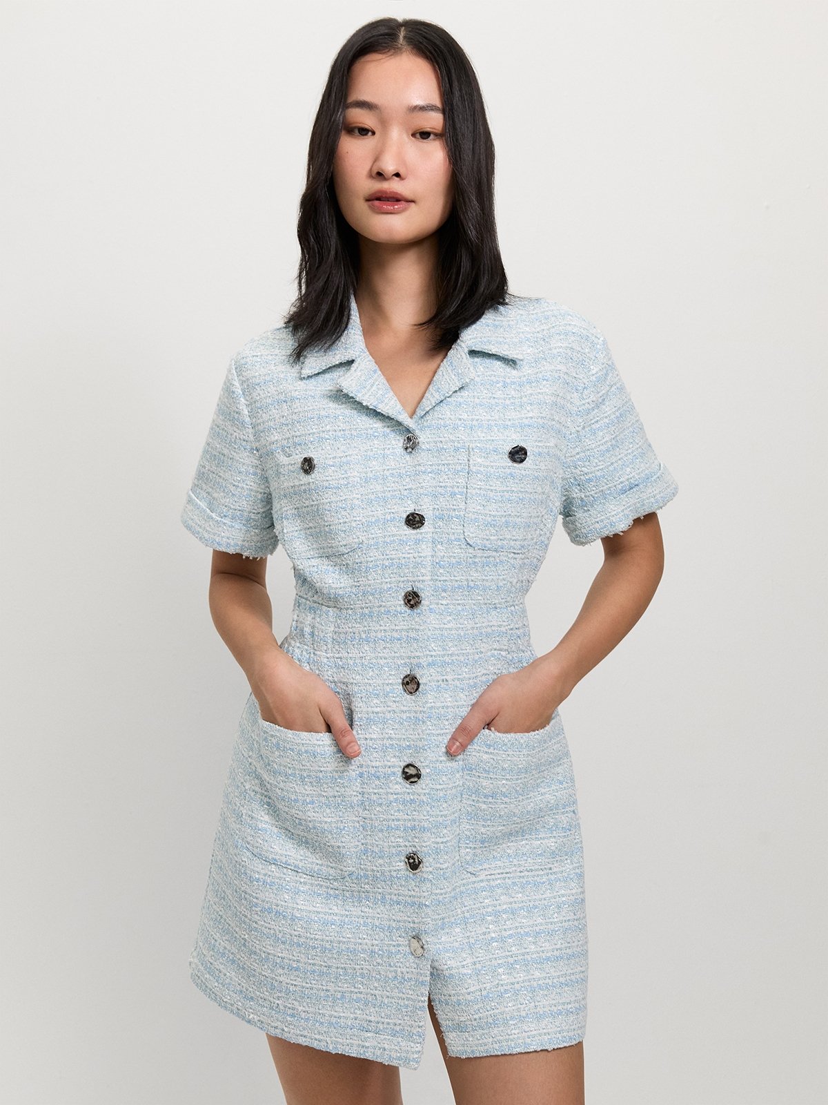 Tweed Front Pocket Dress - Baby Blue - Pomelo Fashion