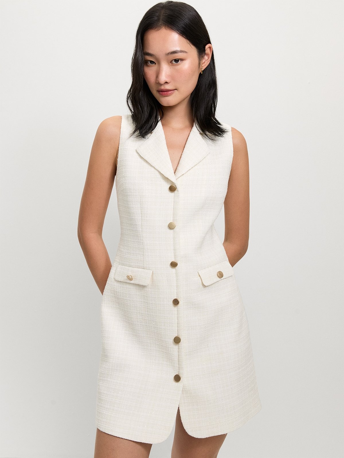 Tweed Collared Dress- Off-White - Pomelo Fashion