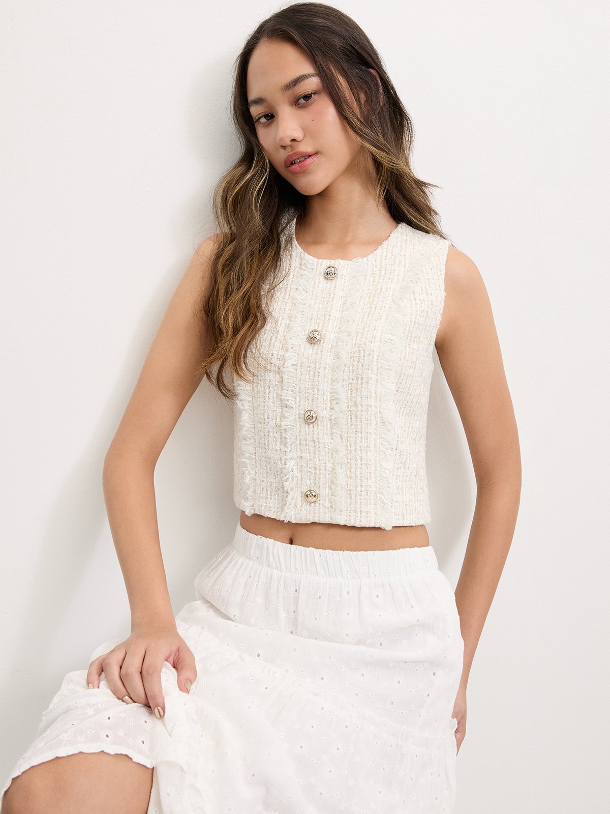 Frayed Tweed Top - Ivory - Pomelo Fashion