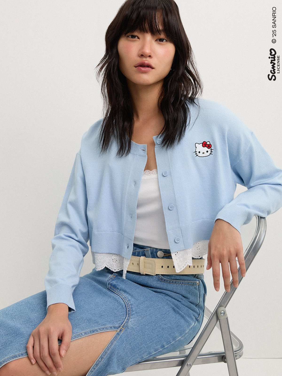 Pomelo. ♥ Hello Kitty Lace Trim Cardigan - Baby Blue - Pomelo Fashion