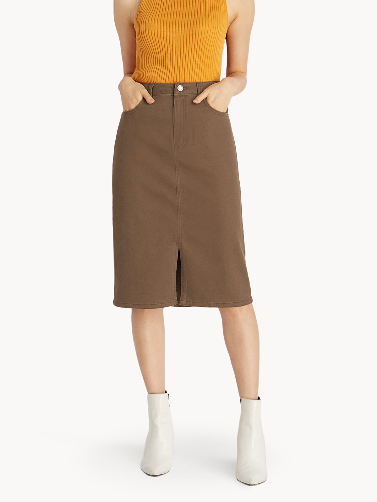 Midi Front Slit Pencil Skirt - Brown - Pomelo Fashion