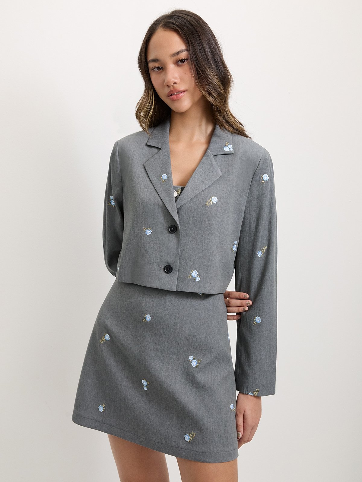 Floral Embroidery Blazer - Light Grey - Pomelo Fashion