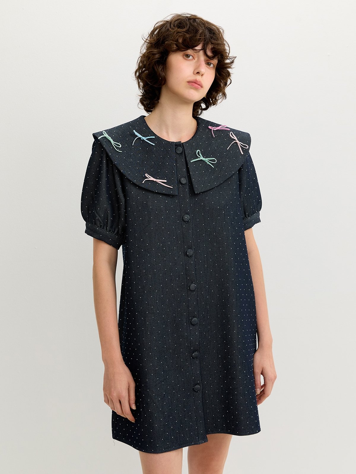 Bow Polka Dot Dress - Dark Blue - Pomelo Fashion