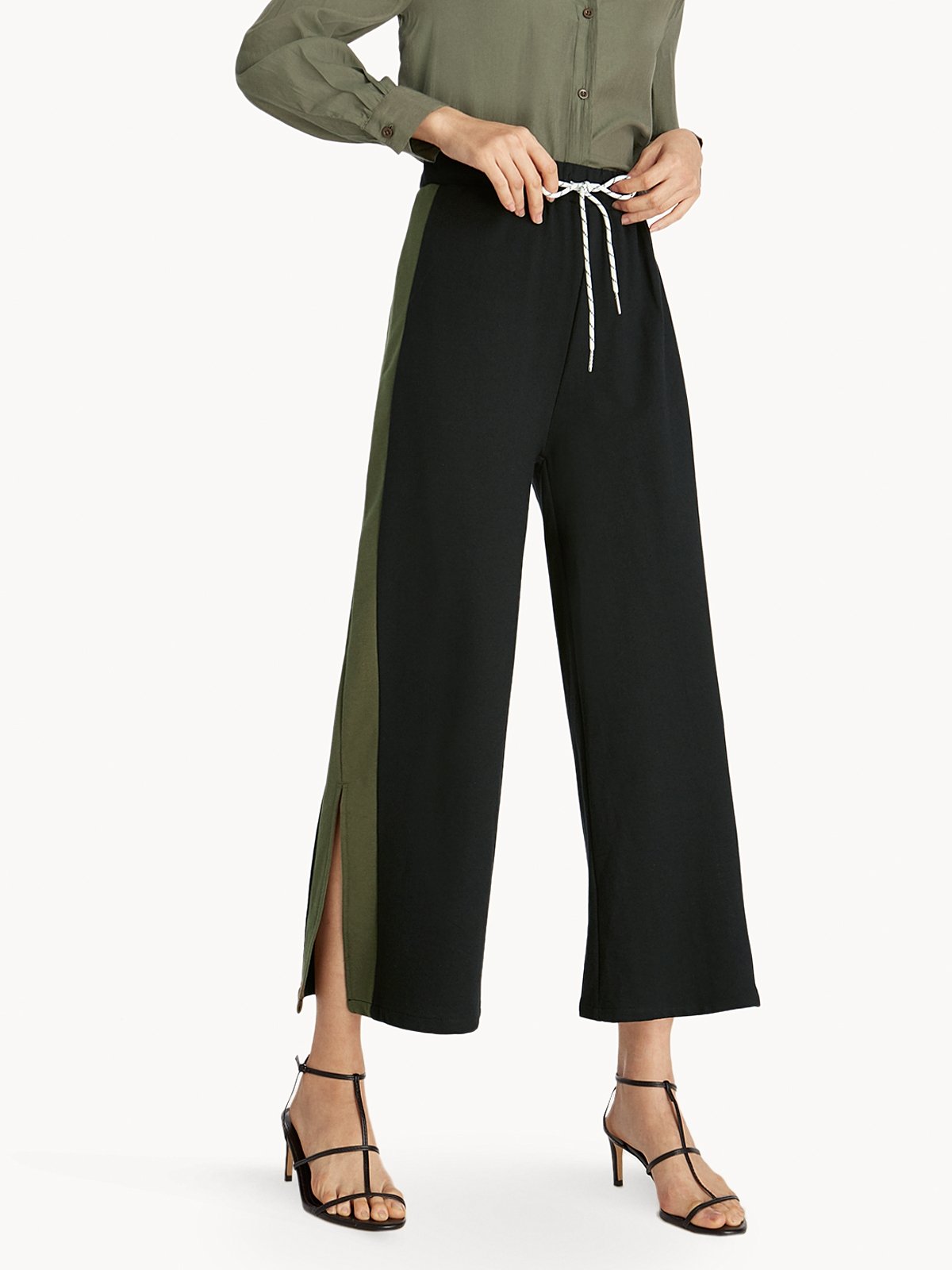 Drawstring Side Slits Pants - Black - Pomelo Fashion