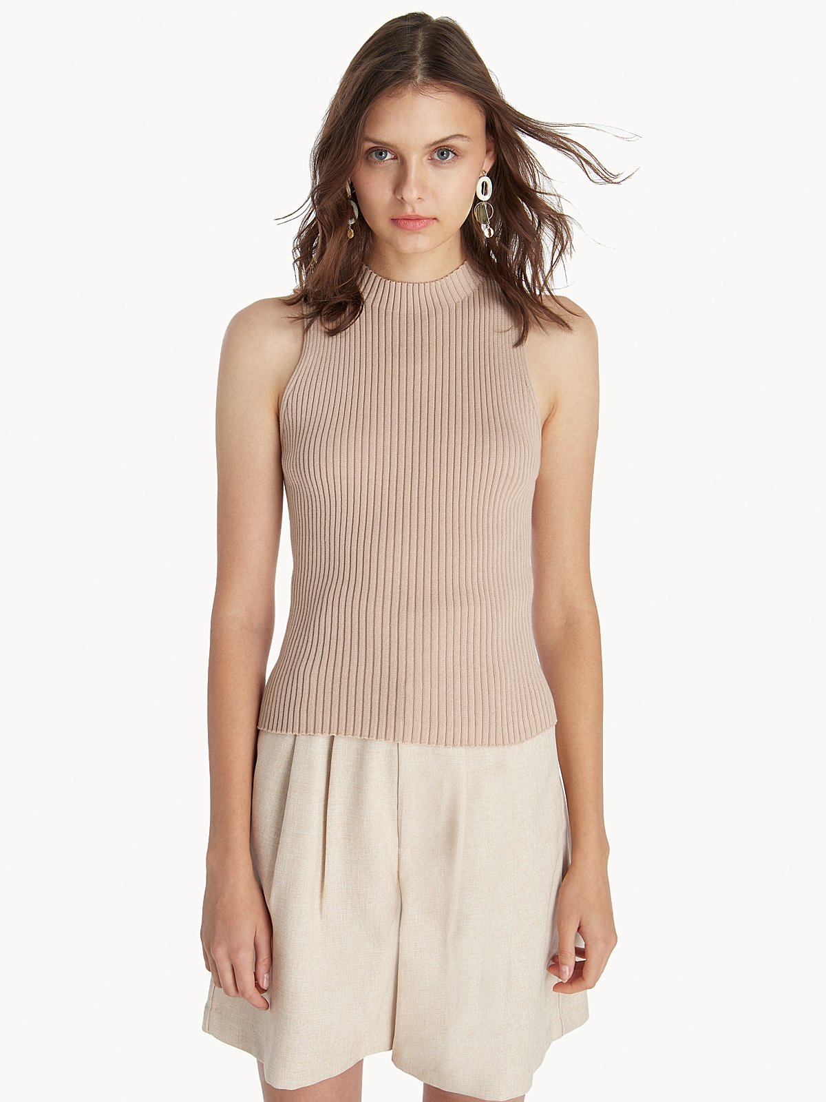 Mock Neck Ribbed Top - Beige - Pomelo Fashion