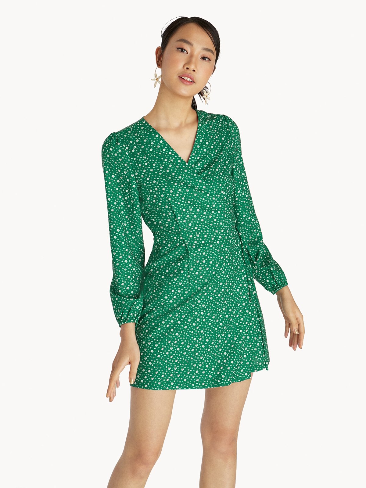 Mini Floral Wrap Dress - Green - Pomelo Fashion