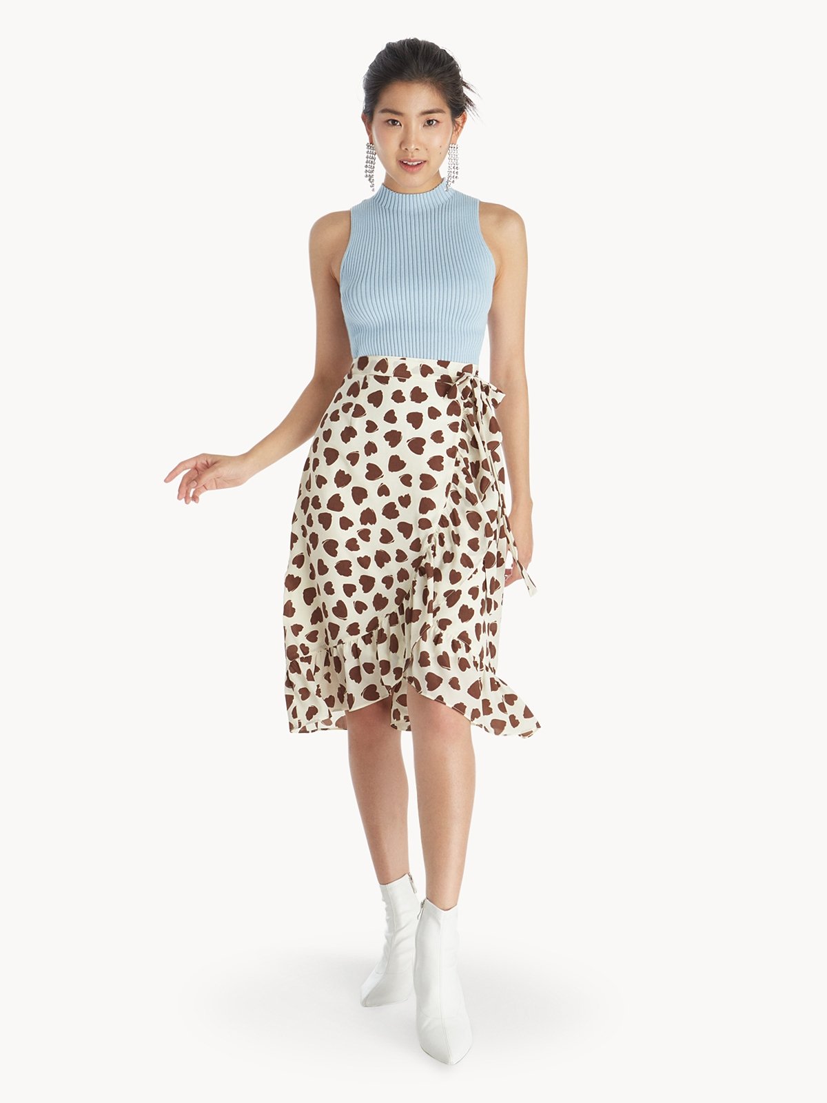 Midi Side Wrap Ruffled Skirt - White - Pomelo Fashion