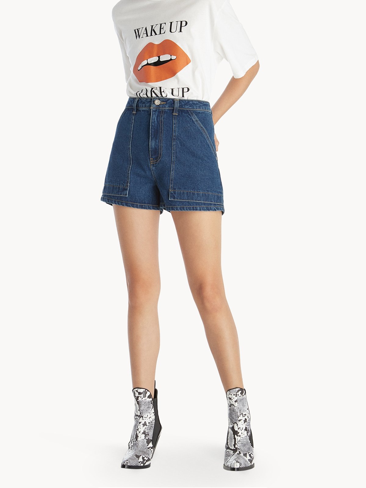 High Waist Denim Shorts Blue Pomelo Fashion