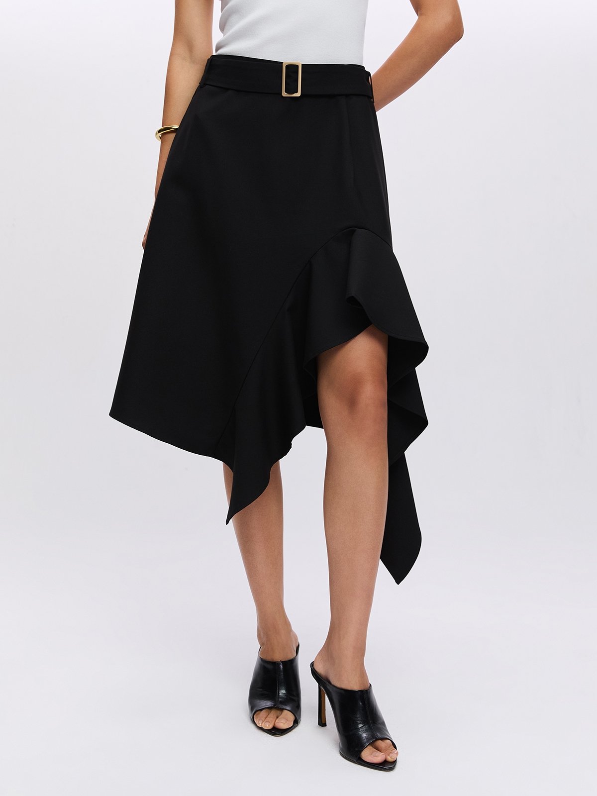Asymmetrical Ruffle Skirt - Black - Pomelo Fashion