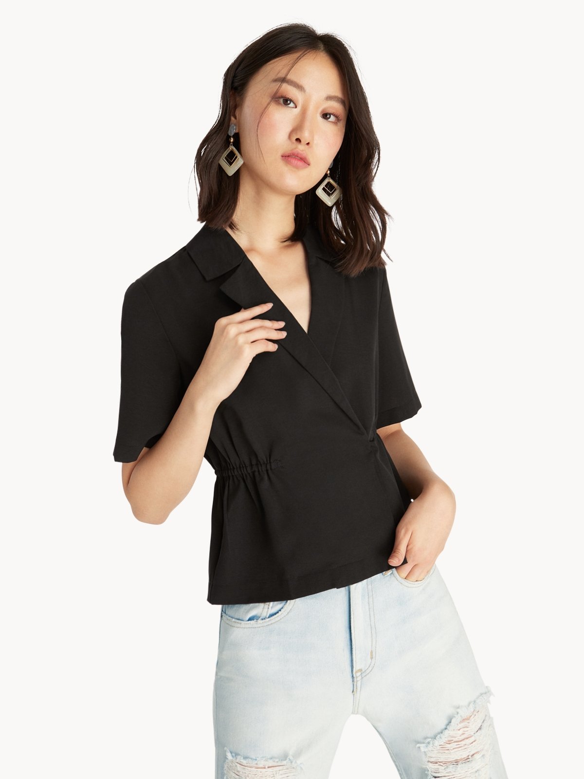 Notch Collar Ruched Top - Black - Pomelo Fashion