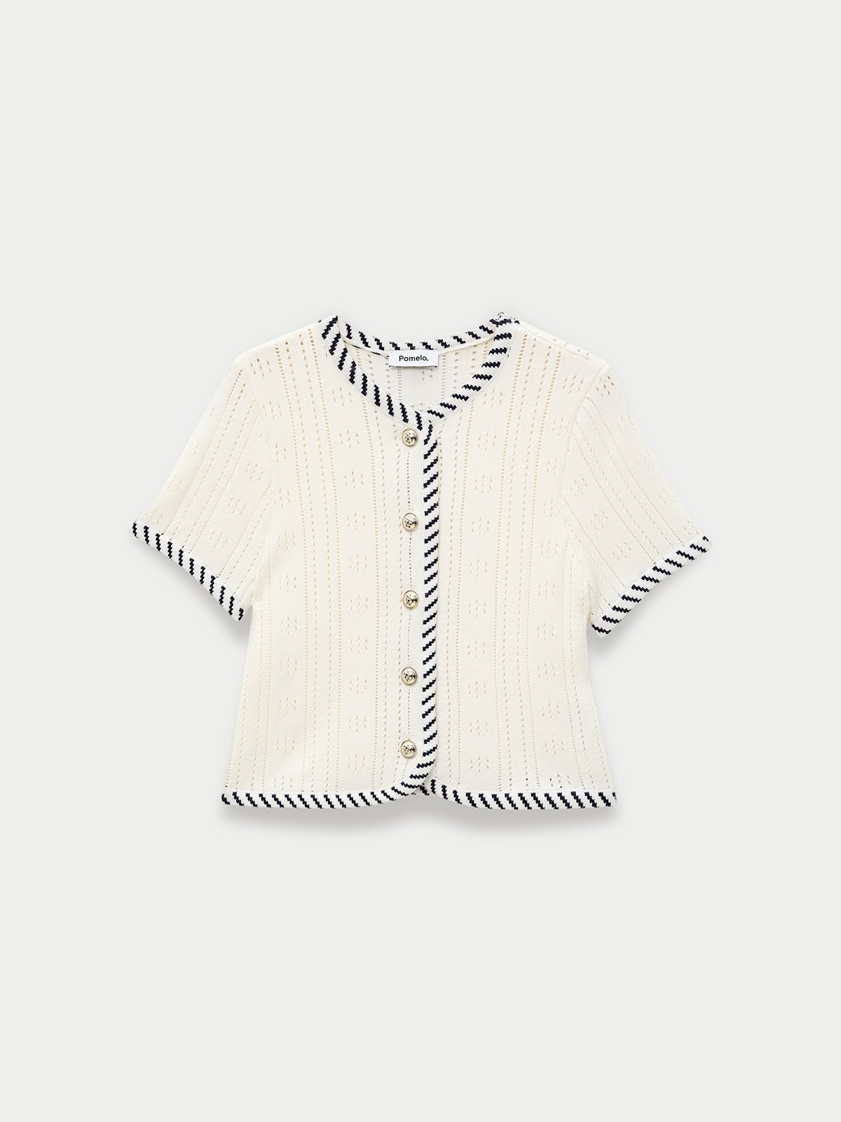 Stripe Trim Knit Top - Off-White - Pomelo Fashion